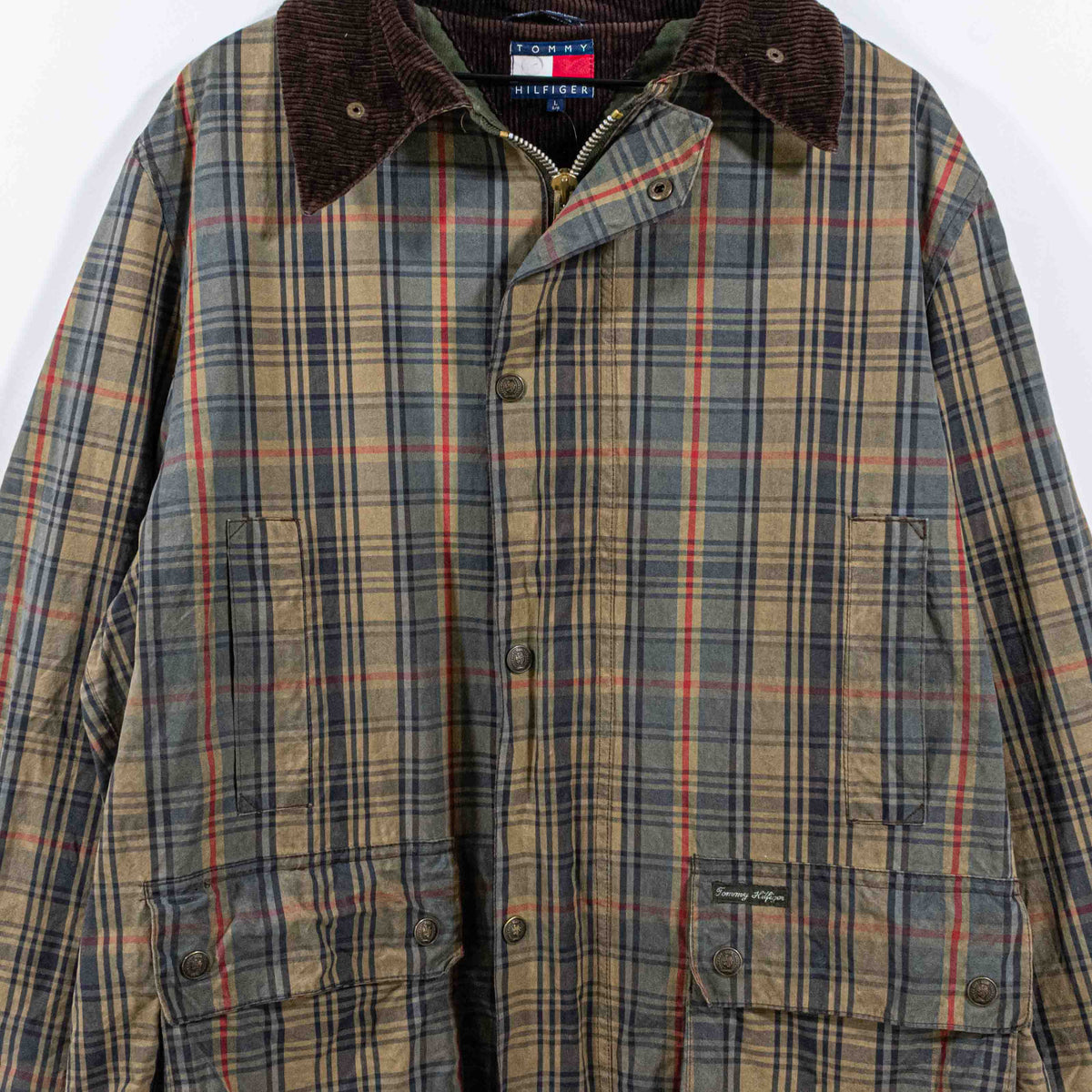 Tommy Hilfiger Plaid Waxed Chore Jacket Corduroy Collar Made in Englan ...